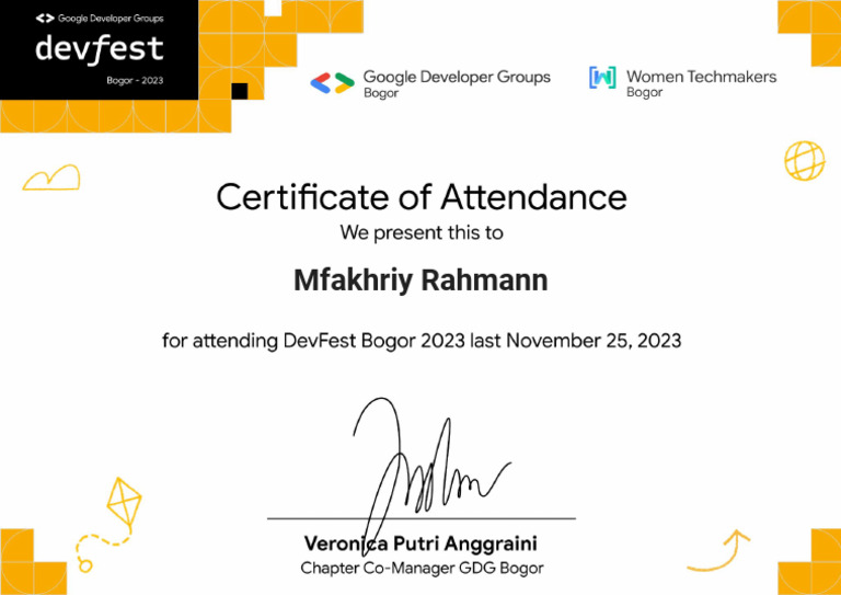 Mfakhriy Rahmann - Certificate DevFest Bogor 2023 | PDF