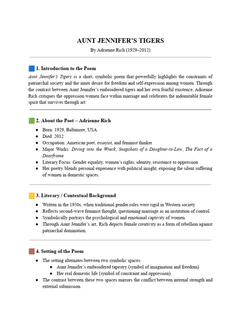 Aunt Jennifer's Tigers: Feminist Symbolism | PDF | Poetry | Feminism