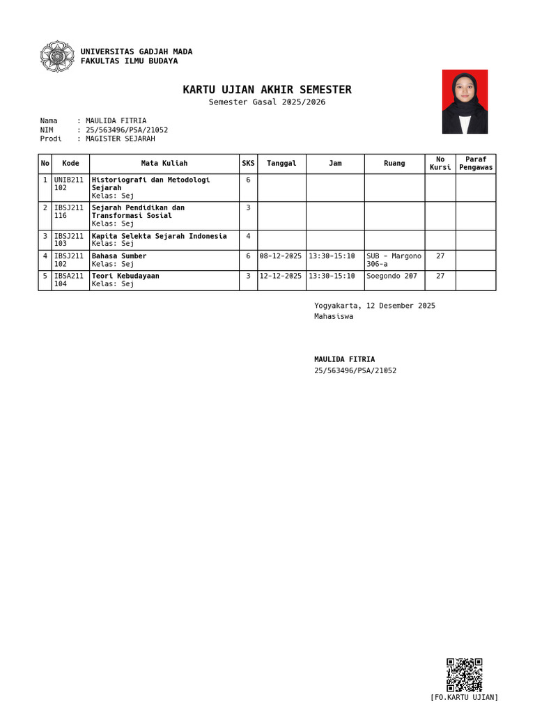 Kartu Ujian Akhir Semester Sejarah UGM | PDF