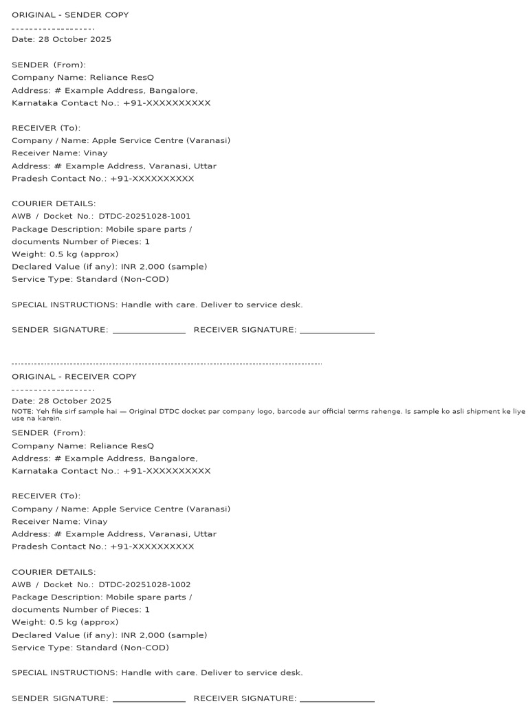 DTDC Original Style Two Copies Sample | PDF