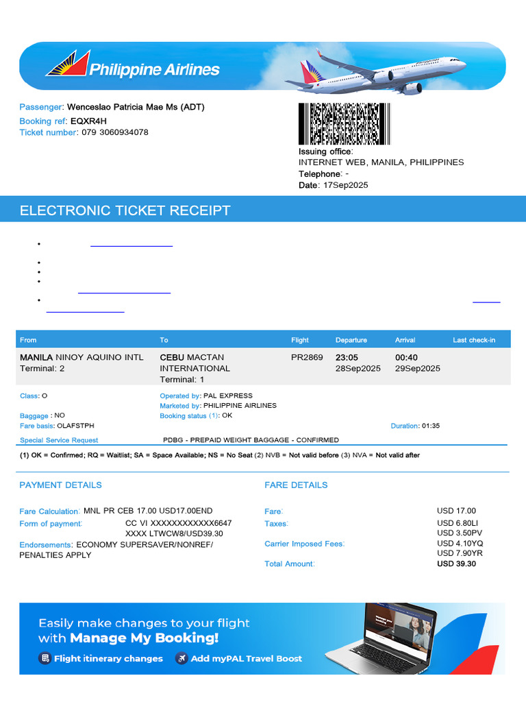 Philippine Airlines Electronic Ticket Receipt | PDF