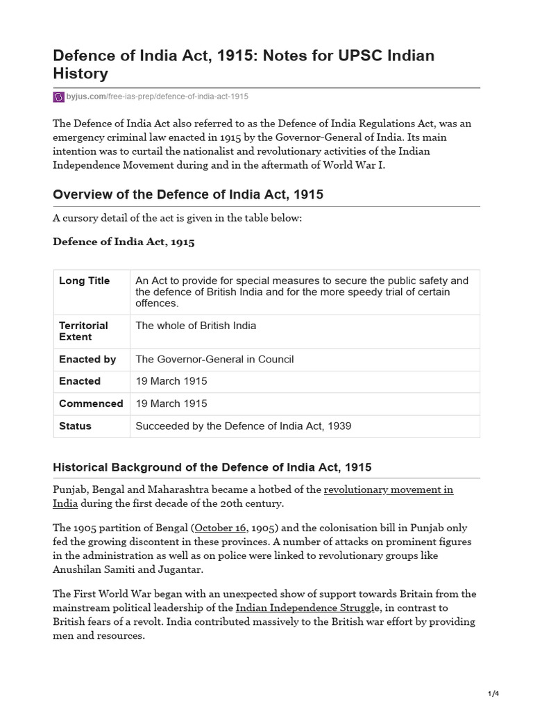 Defence of India Act 1915 Notes For UPSC Indian History | PDF | Justice ...