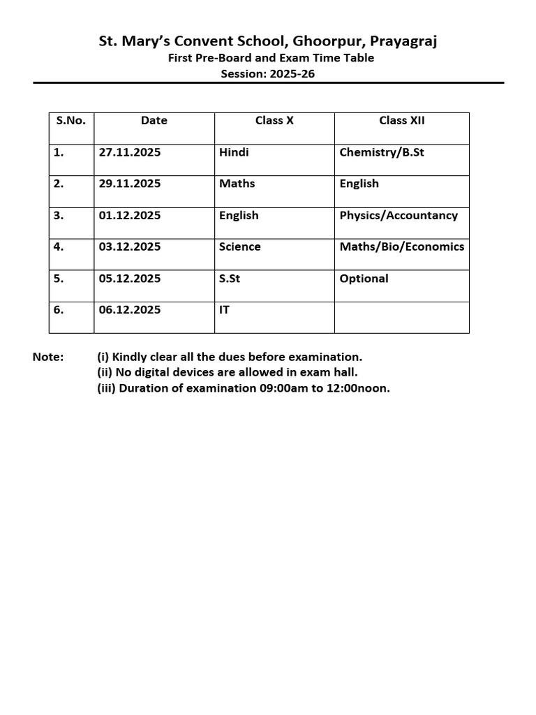St. Mary’s Convent Exam Timetable 2025-26 | PDF