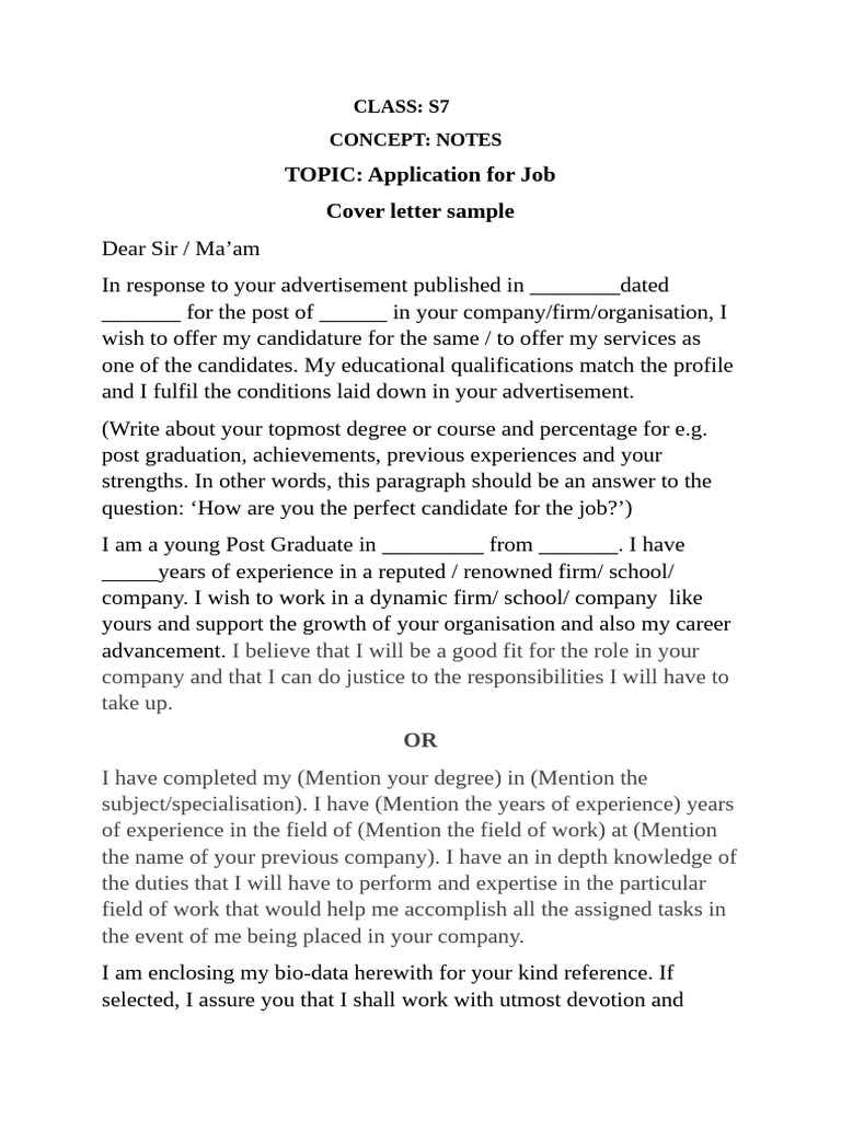 Cover Letter - Application For Job Class 12 | PDF