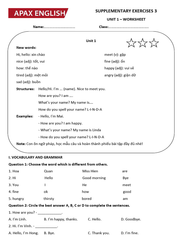 Grade 3 - Unit 1 - Worksheet | PDF | Grammar | Linguistics
