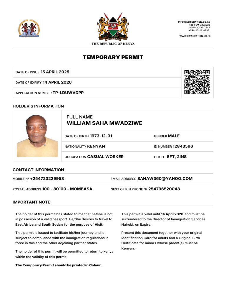 Kenyan Temporary Permit Details | PDF | Identity Document | Access Control