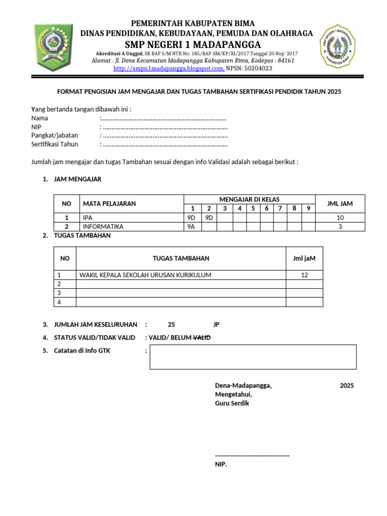 Format Jam Mengajar Sertifikasi 2025 | PDF