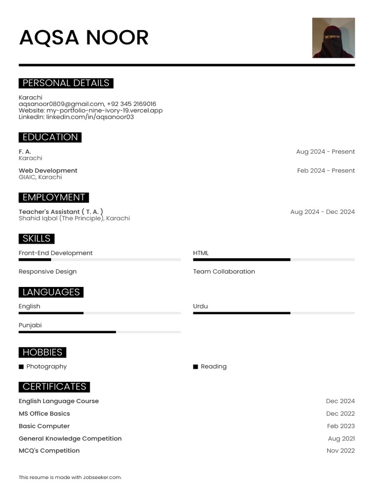 Resume Aqsa Noor - Experience | PDF
