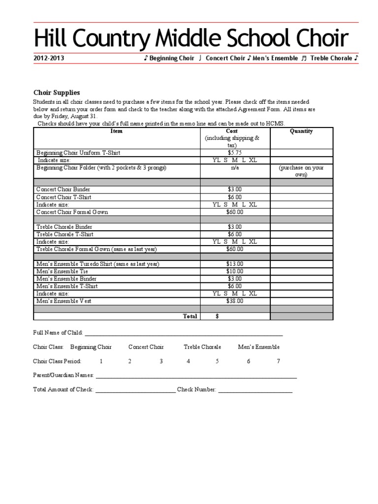 Choir Order Form and Agreement Form | PDF | Choir | Health Care
