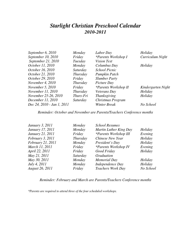 Starlight Preschool 2010-2011 Calendar | PDF