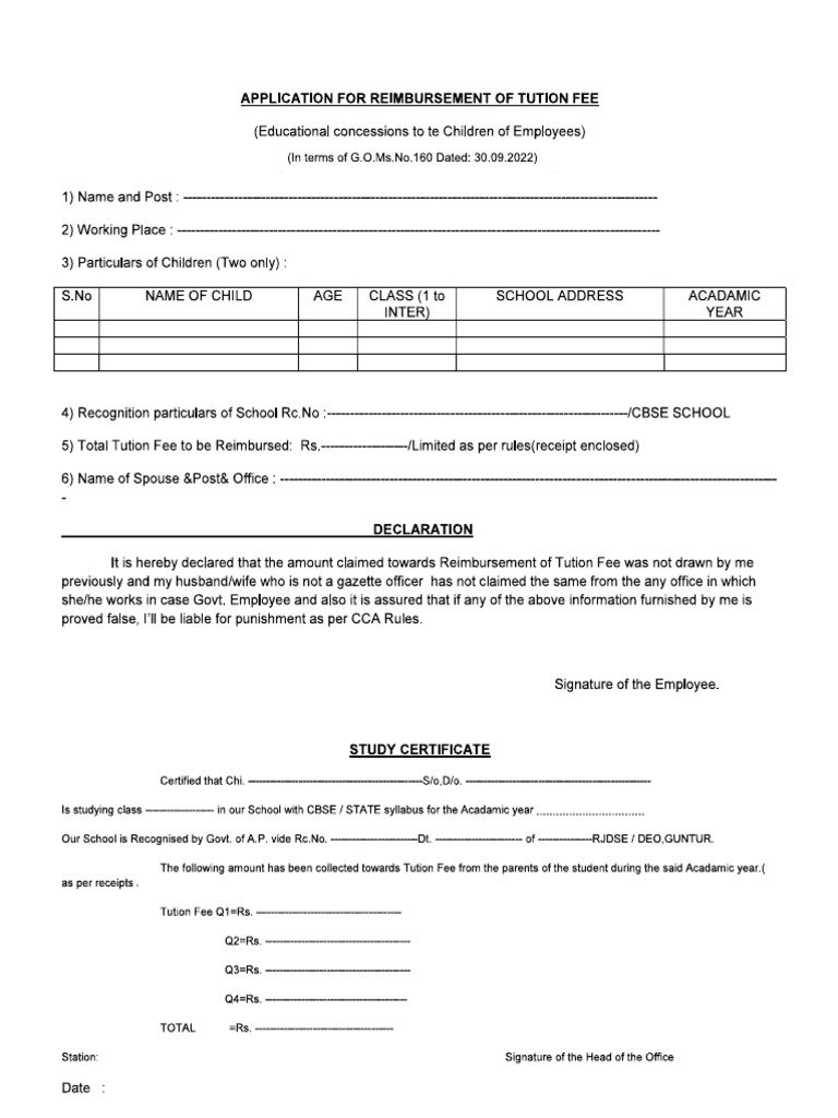 Tuition Fee Appication Form-1 | PDF