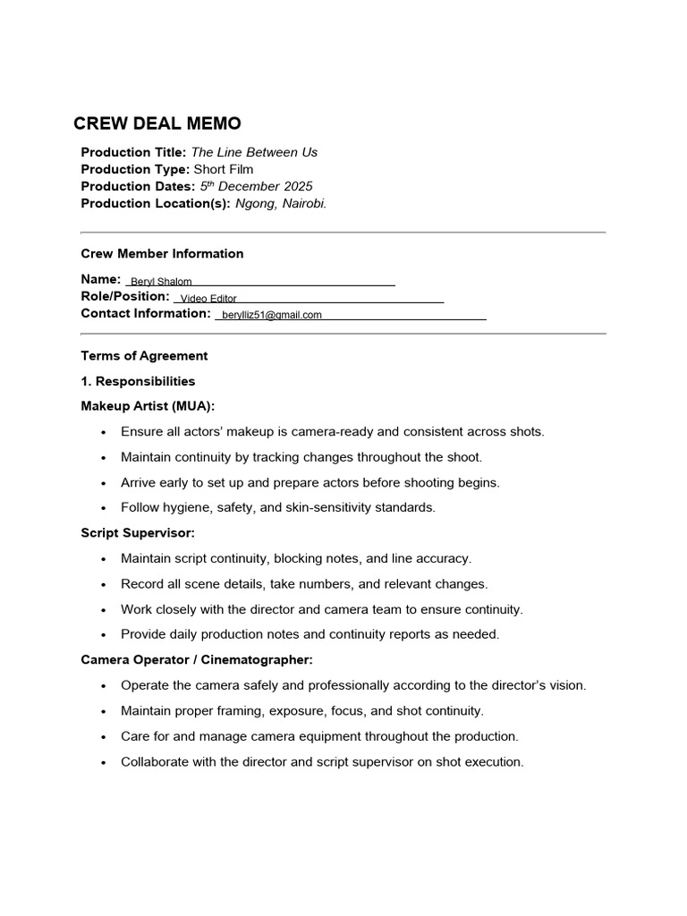 Crew Deal Memo for "The Line Between Us" | PDF