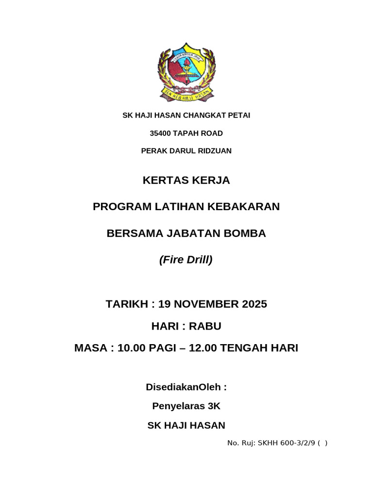 Kertas Kerja Latihan Kebakaran Bersama Bomba 2025 | PDF