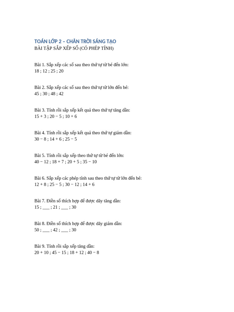 Toan Lop 2 Sap Xep So Co Phep Tinh | PDF