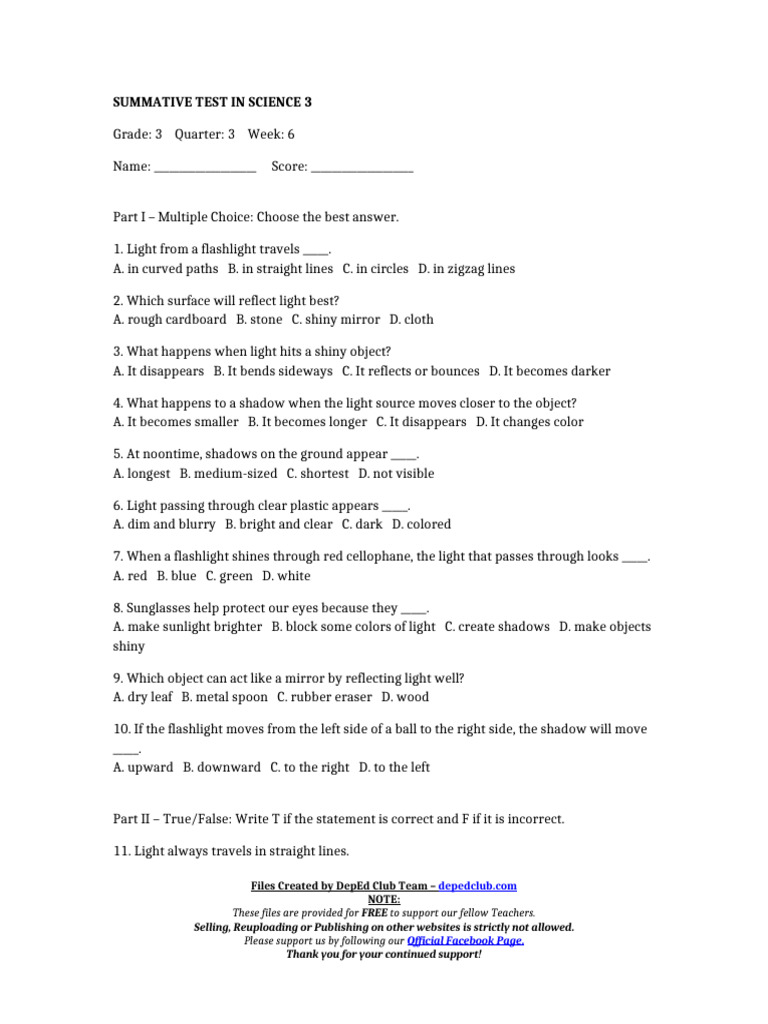Science 3 Summative Test on Light | PDF | Light | Shadow