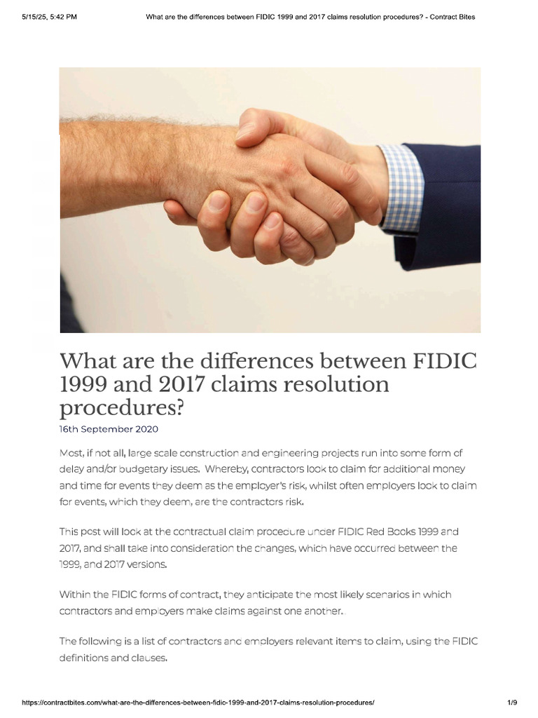 What Are The Differences Between FIDIC 1999 and 2017 Claims | PDF
