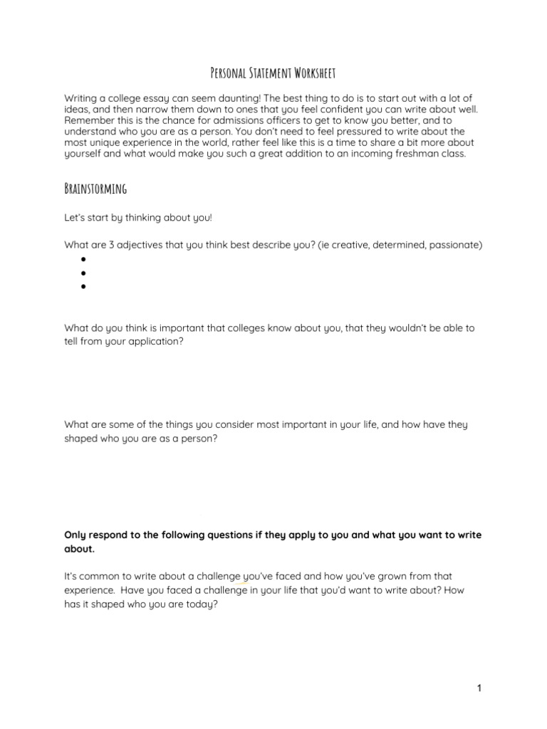 Personal Statement Worksheet | PDF | Idea | Thought