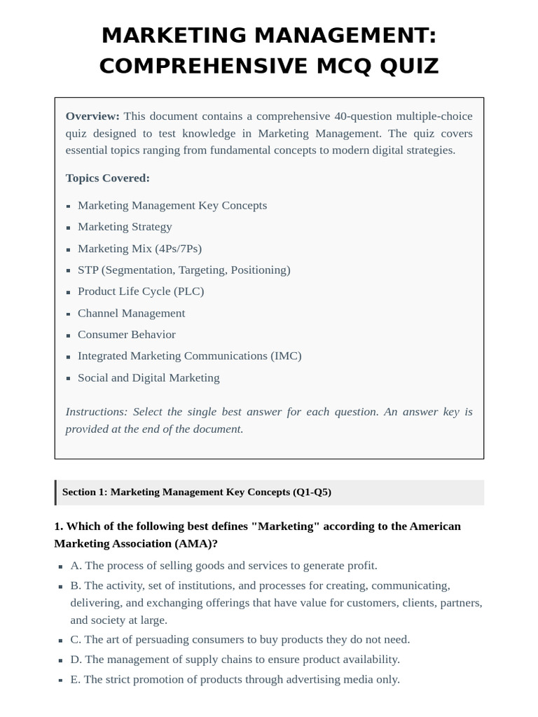 Marketing Management_ Comprehensive MCQ Assessment | PDF | Marketing ...
