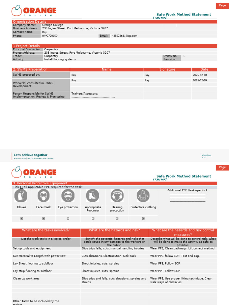 CPCCCA3003 - Safe Work Method Statement (SWMS) | PDF | Personal ...