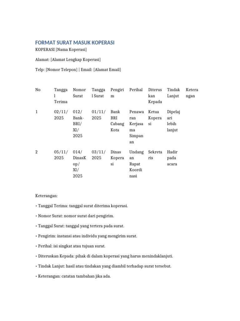 Format Surat Masuk Koperasi Efektif | PDF