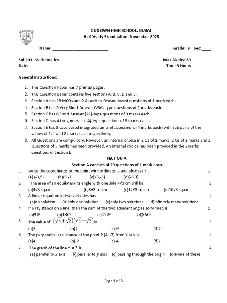 Half Yearly Grade 9 Sample Paper | PDF | Equations | Cartesian ...