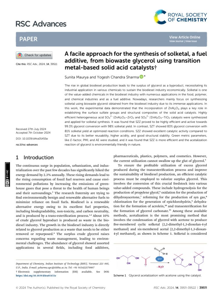 A Facile Approach For The Synthesis of Solketal, A Fuel Additive, From ...