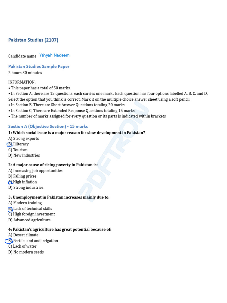 Pakistan Studies Sample Exam Paper | PDF