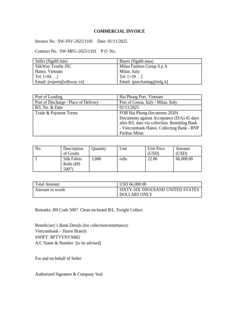 Commercial Invoice for Silk Fabric Shipment | PDF