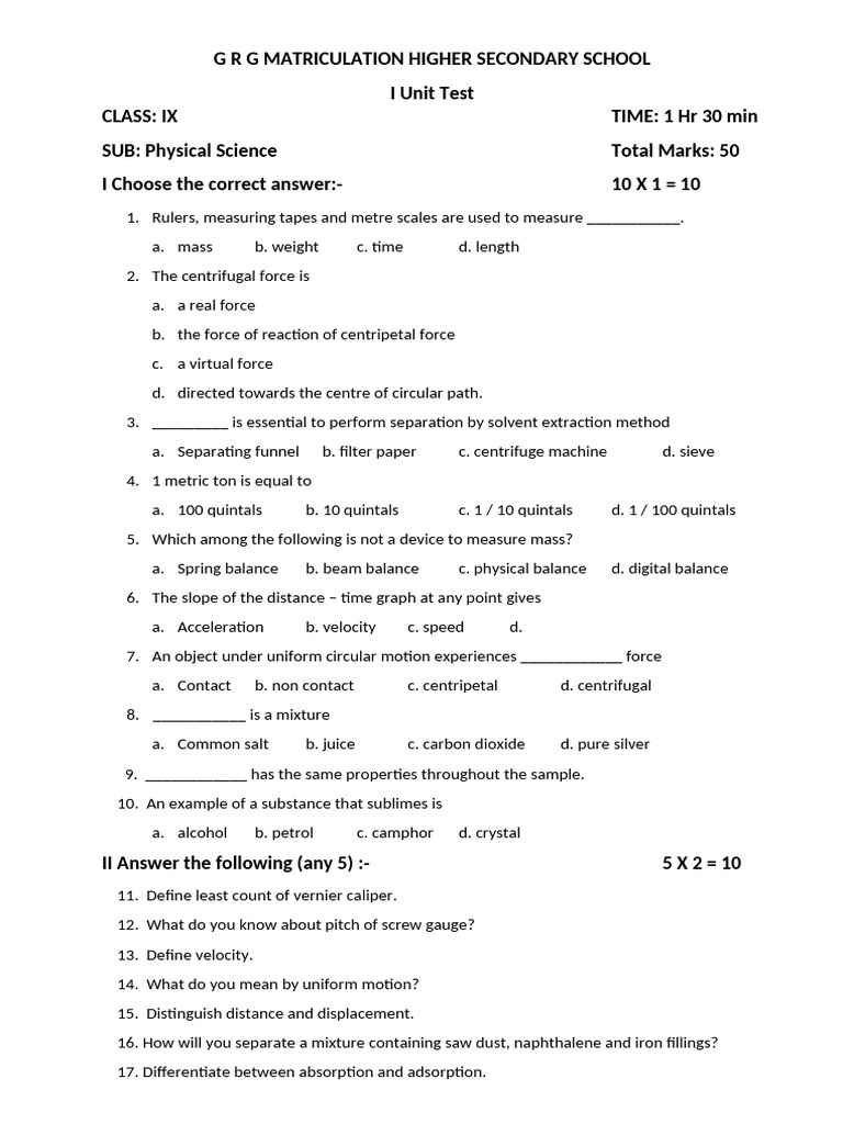 GRG Matric - Physical Science - 9 Unit Test | PDF | Mixture | Force