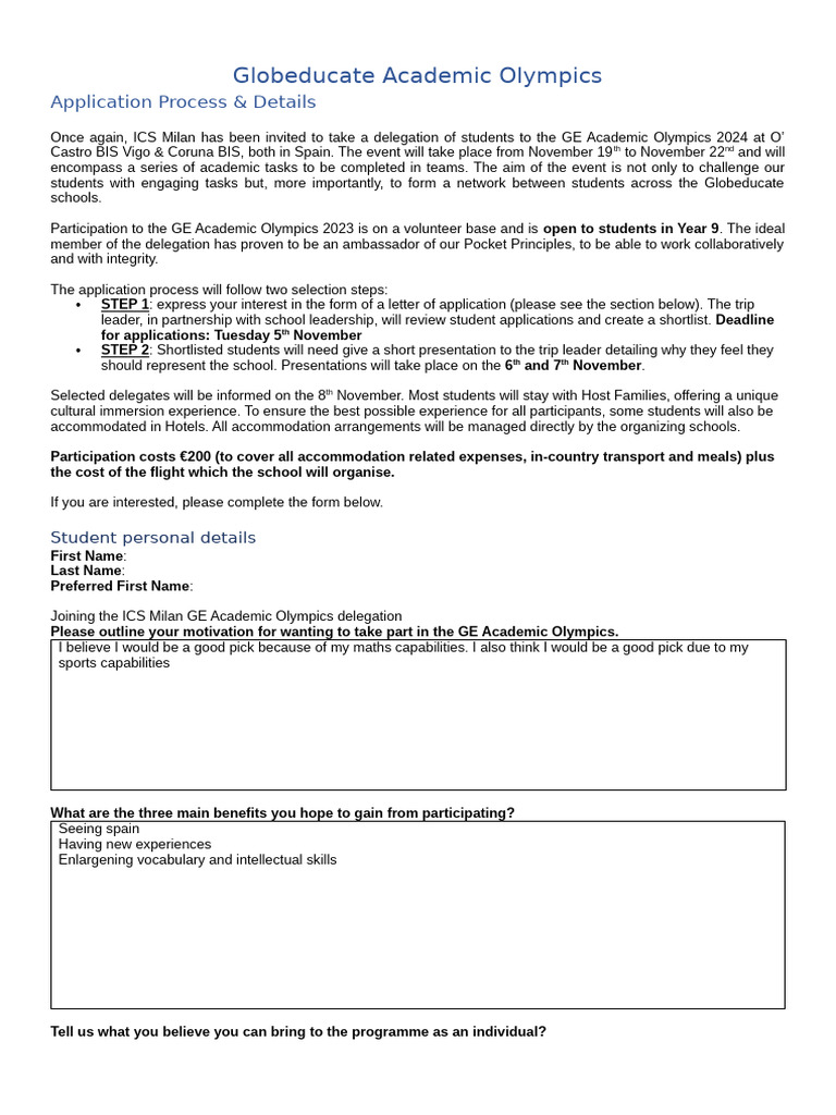 Academic Olympics Application Form 2024 | PDF