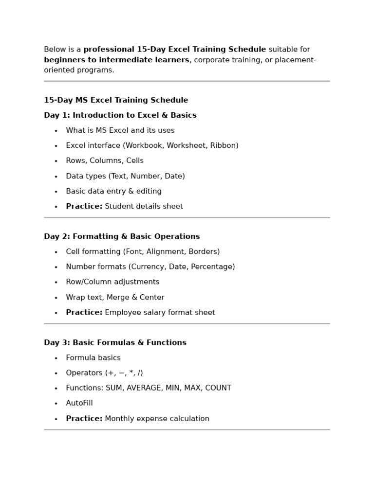 15 Days Excel Training Class | PDF | Microsoft Excel | Computing