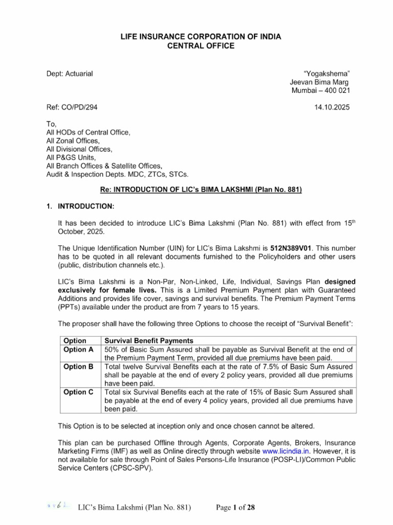 Introduction of Lic's Bima Lakshmi (Plan No. 881) | PDF