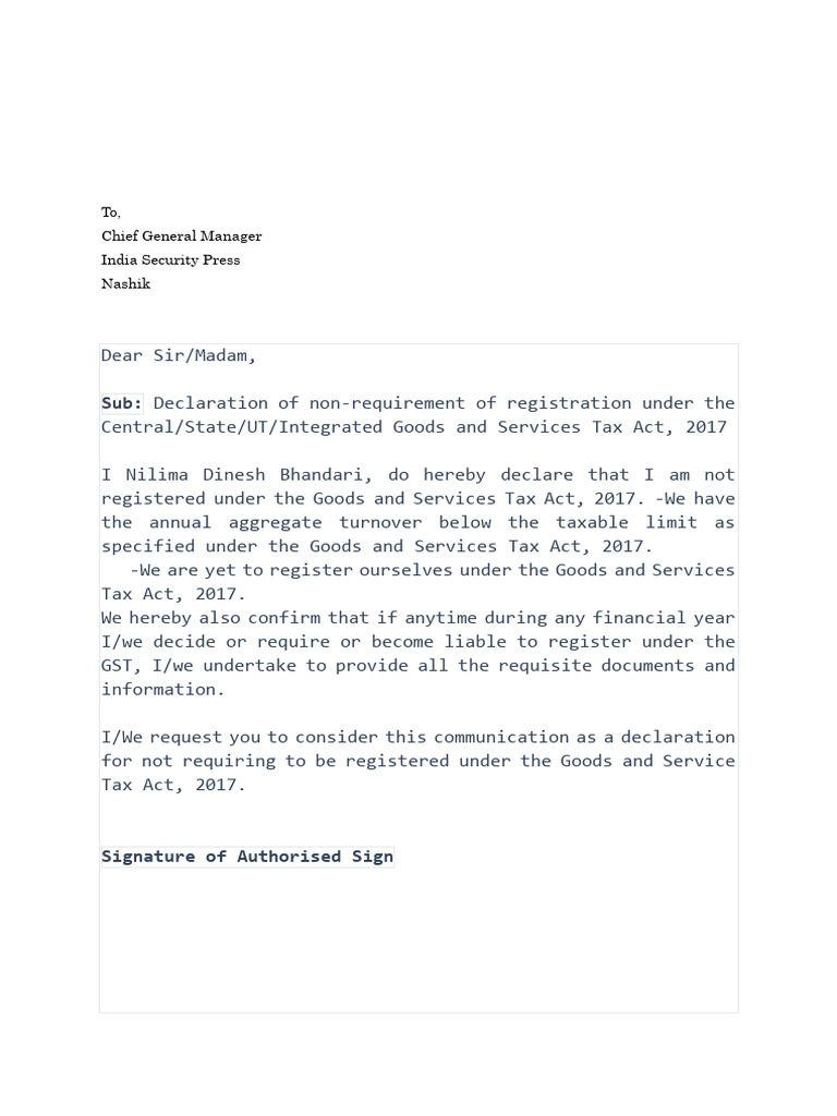 GST Non-Registration Declaration Letter | PDF