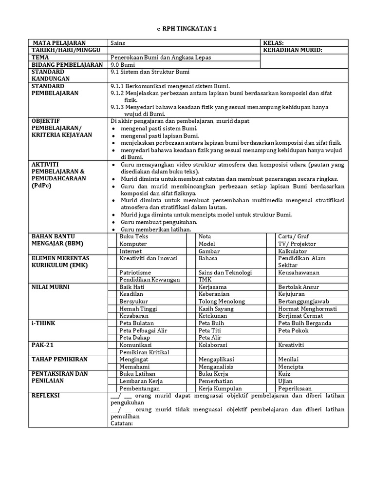 RPH Sains: Penerokaan Bumi dan Angkasa | PDF