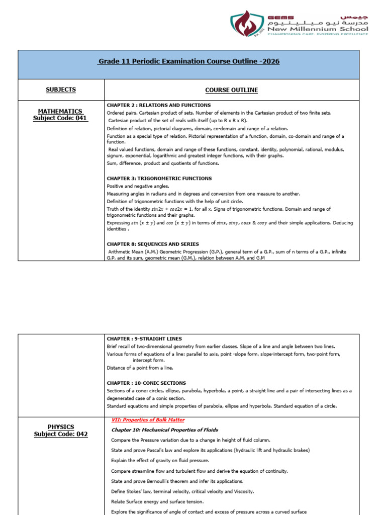 Grade 11 Exam Course Outline 2026 | PDF | Function (Mathematics) | Alkene