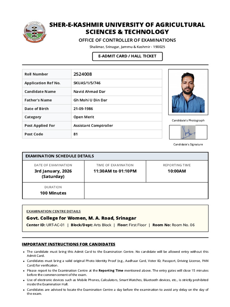 SKUAST Admit Card for Assistant Comptroller | PDF | Government And ...