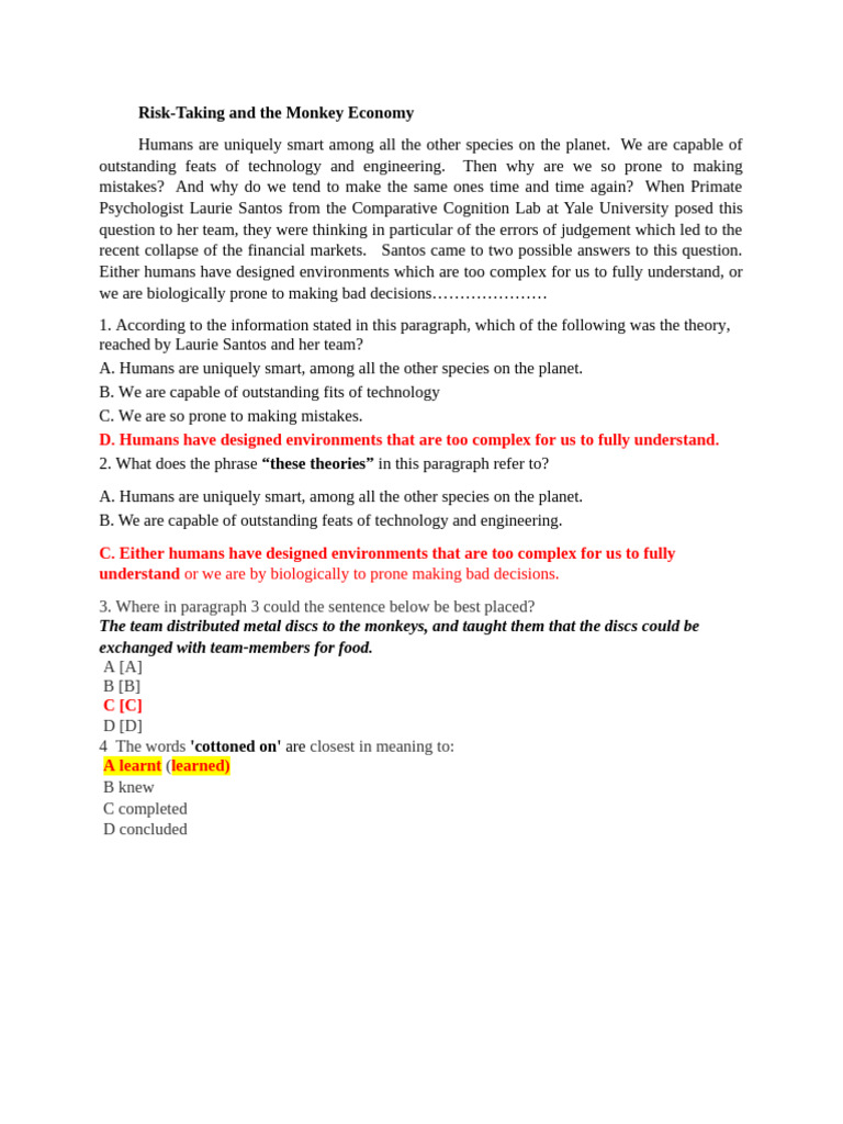 Monkey Economy: Insights on Risk-Taking | PDF | Behavioural Sciences ...