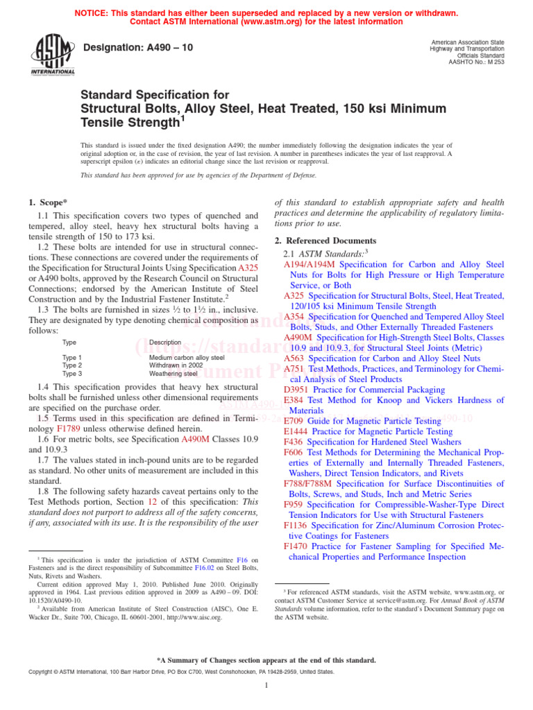 Astm A490 10 | PDF | Screw | Steel