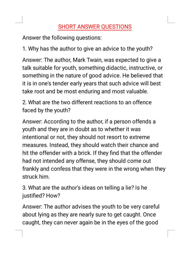 Advice To Youth Short Answer Questions | PDF