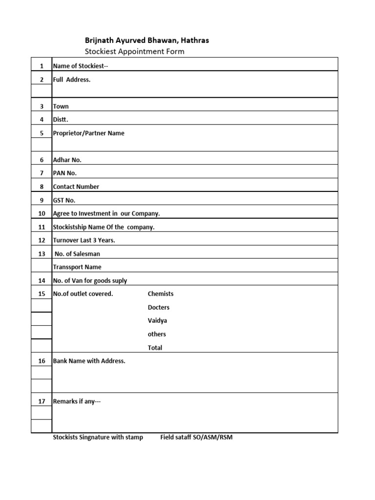 Stockiest Appointment Form - Brijnath Ayurved | PDF