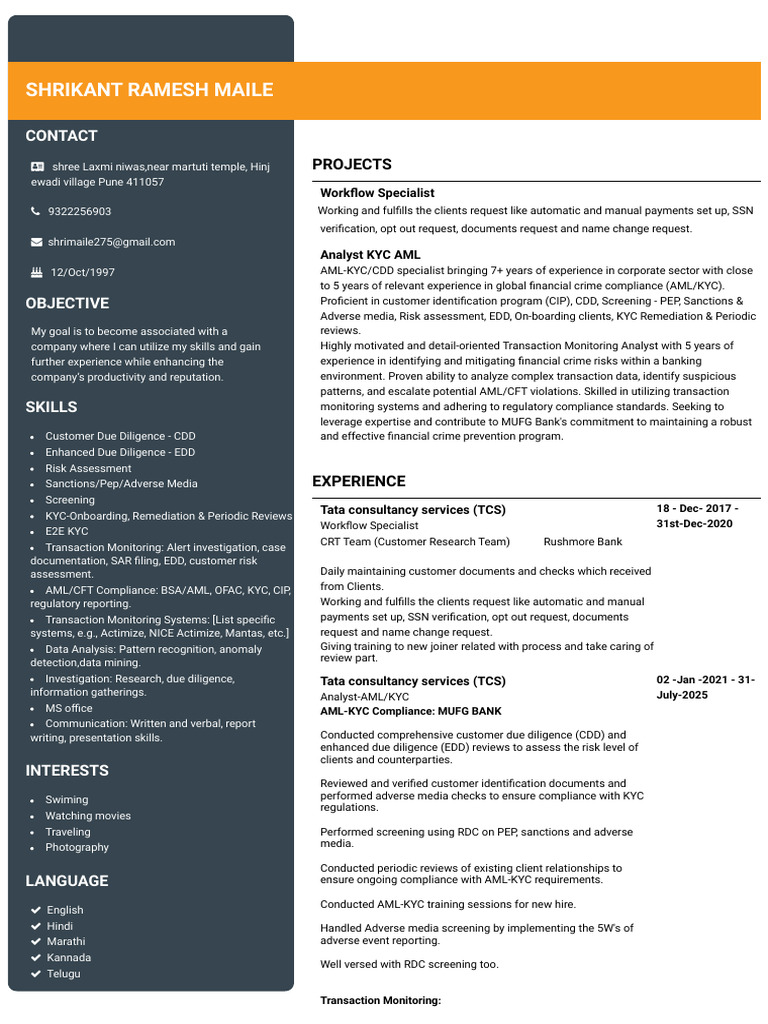 AML/KYC Compliance Specialist Resume | PDF | Regulatory Compliance ...