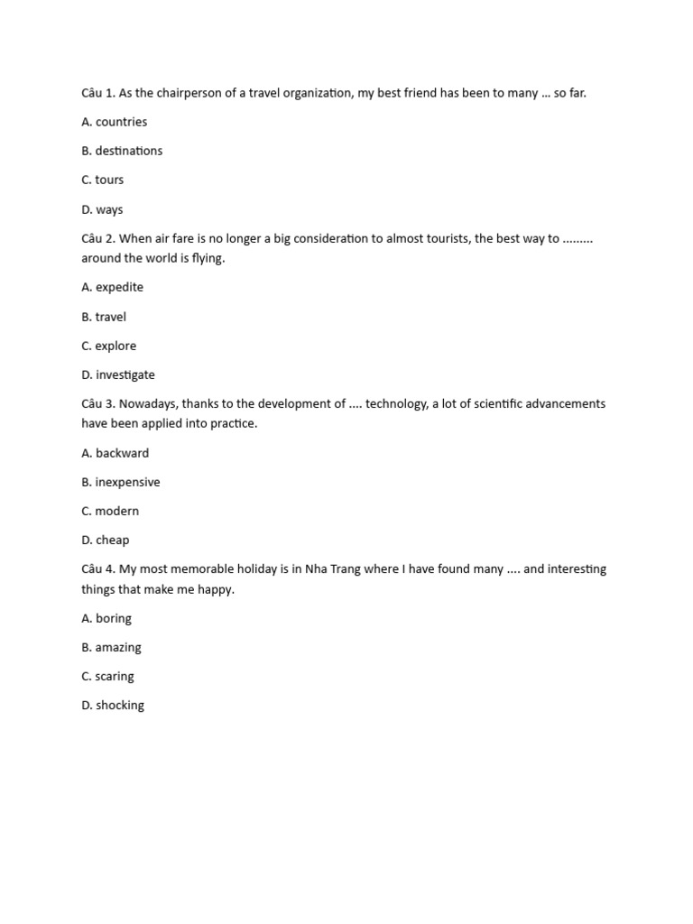 Travel Vocabulary Quiz for Tourists | PDF