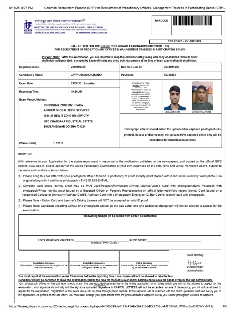CRP PO/MT XV Exam Call Letter | PDF | Identity Document | Driver's License