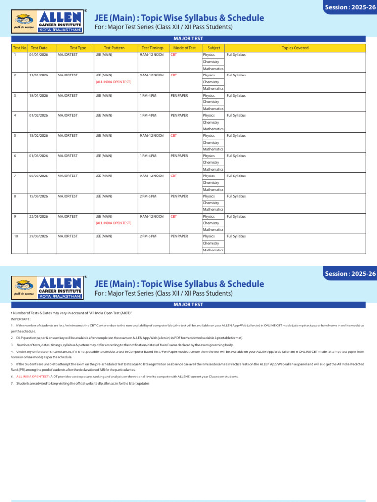 JEE Main 2025-26 Test Schedule & Syllabus | PDF | Redox | Equations