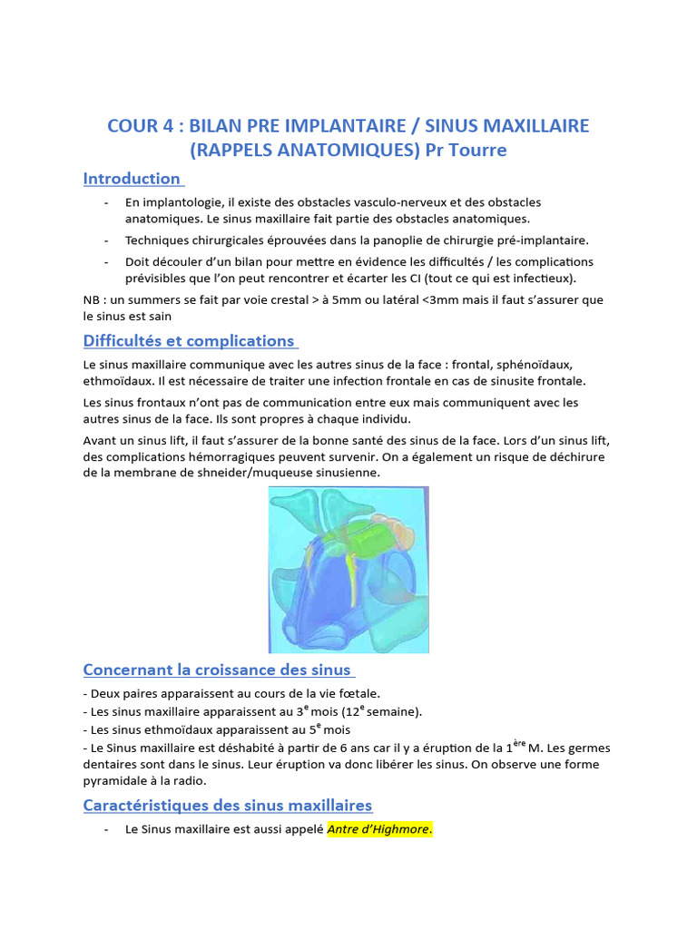 Bilan Pré-Implantaire et Sinus Maxillaire | PDF | Anatomie ...
