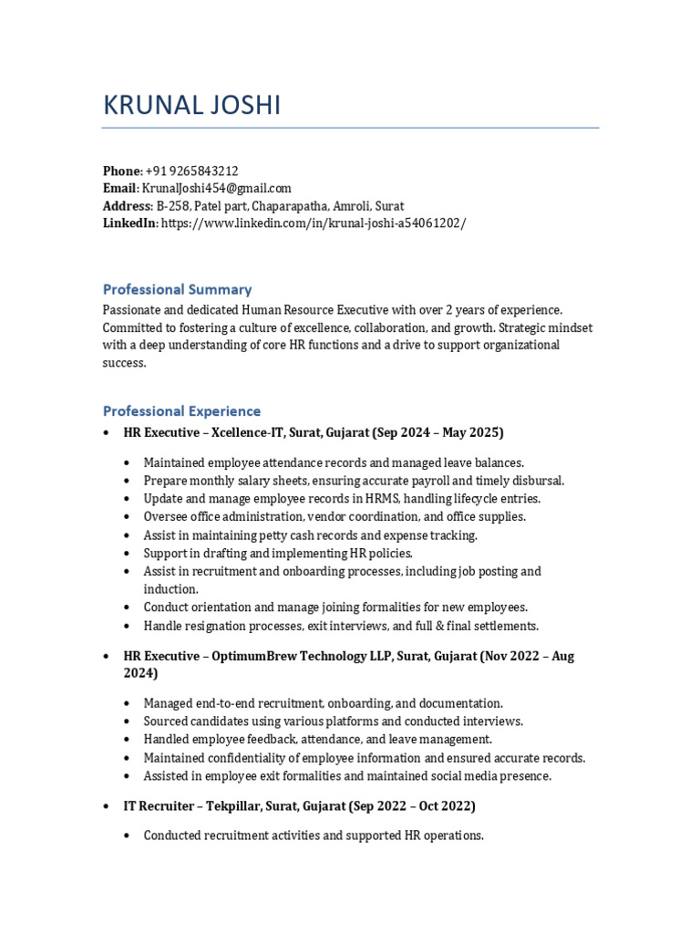 Human Resource Executive Profile | PDF