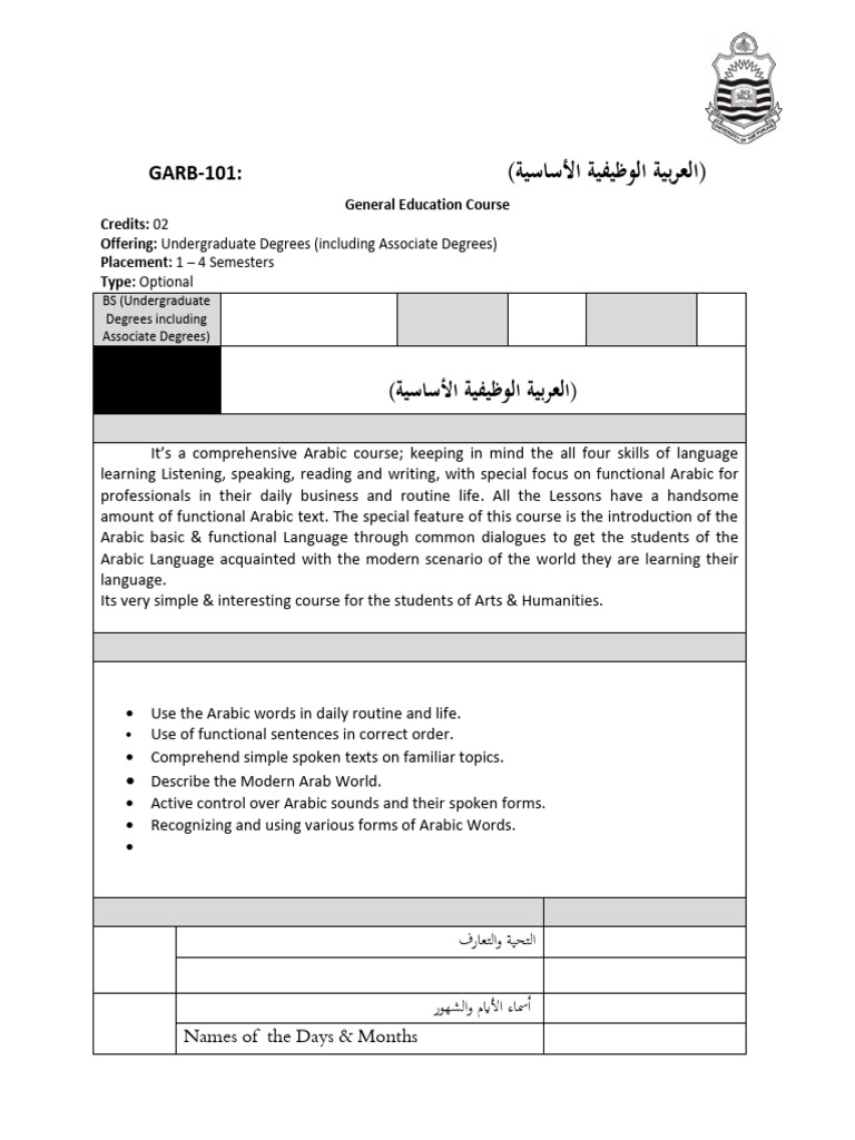 GARB 101-Basic Functional Arabic | PDF | Arabic | Human Communication