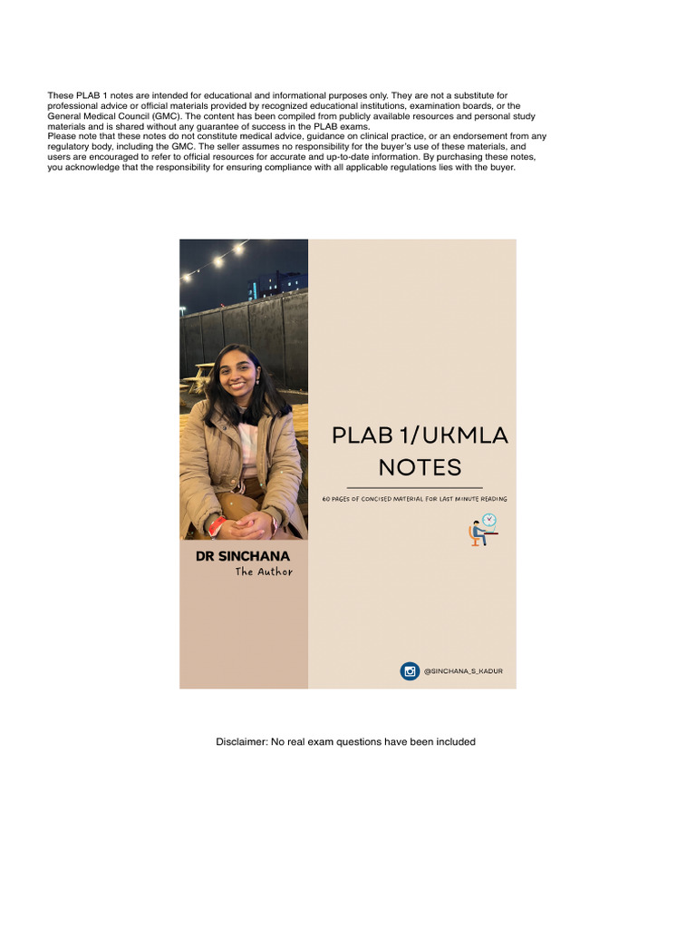 PLAB 1 Study Notes Disclaimer | PDF