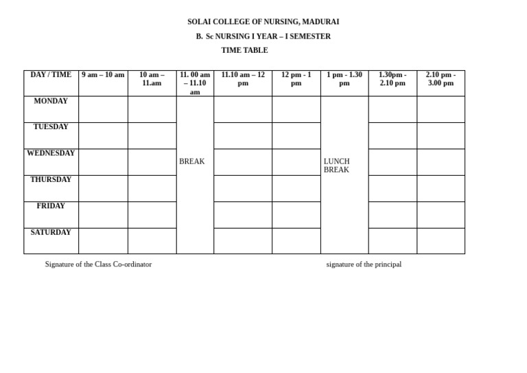 B.Sc Nursing I Year Timetable - Madurai | PDF