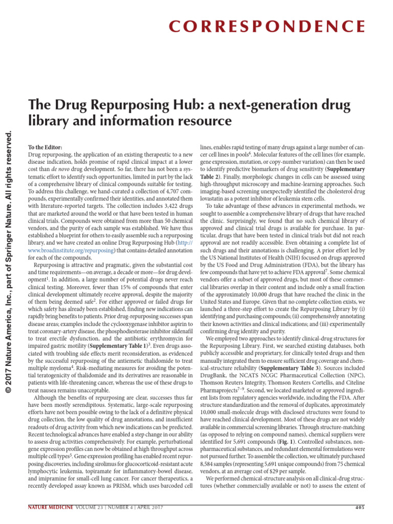 (2017, Cited680+, Nat Med Corr) The Drug Repurposing Hub - A Next ...